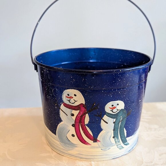 Holiday | Vtg Hand Painted Enamelware Snowman Winter Bucket Pail Tin ...
